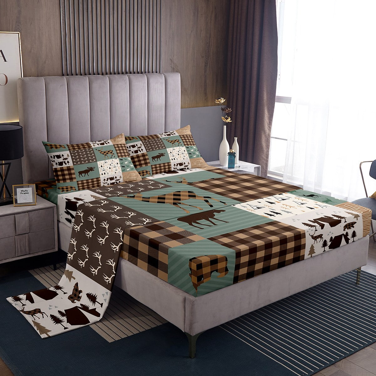 Rustic Bear Deer Bed Sheets Queen,Country Cabin Sheet Set Teens Brown ...