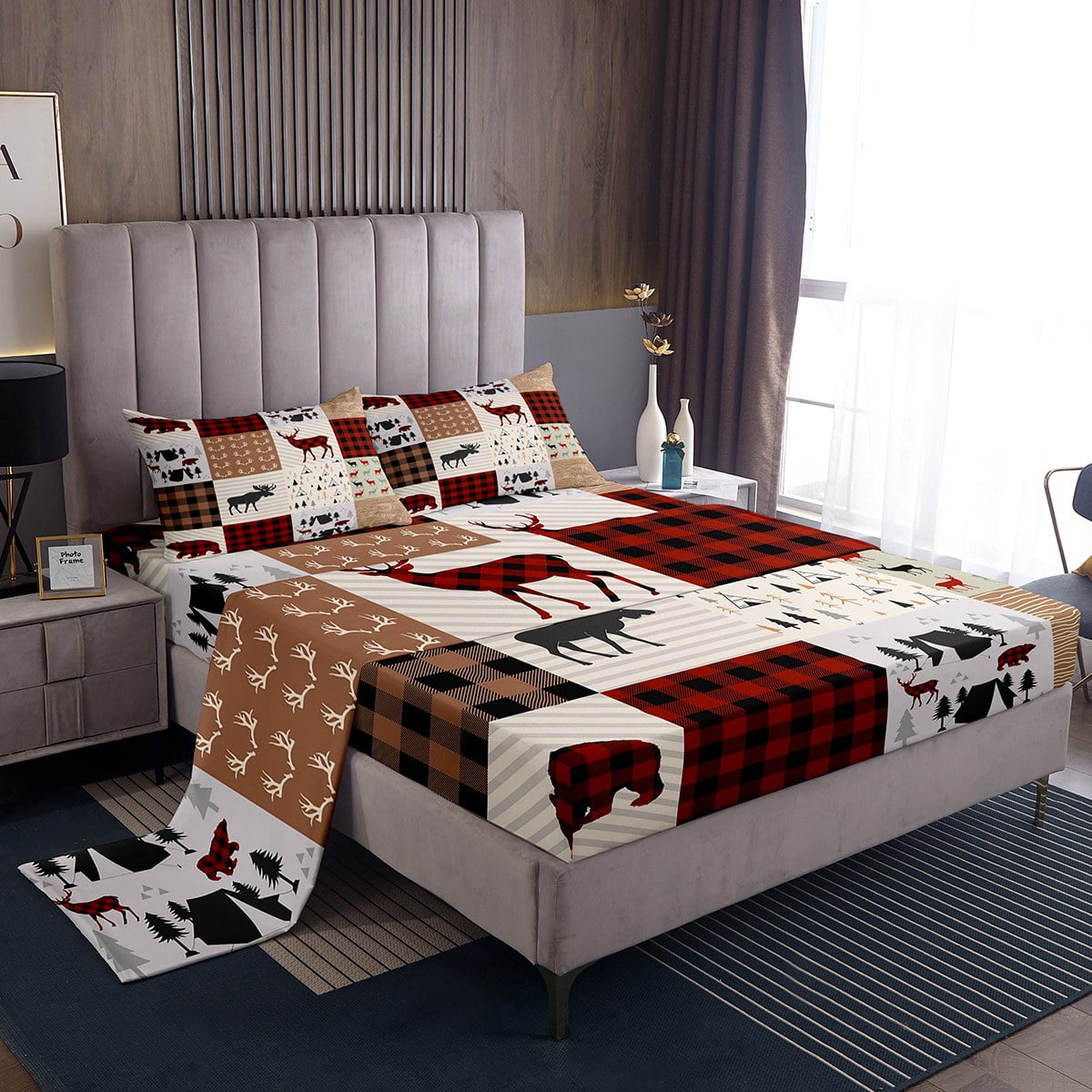 Rustic Bear Deer Bed Sheets Queen,Country Cabin Sheet Set Teens Red ...