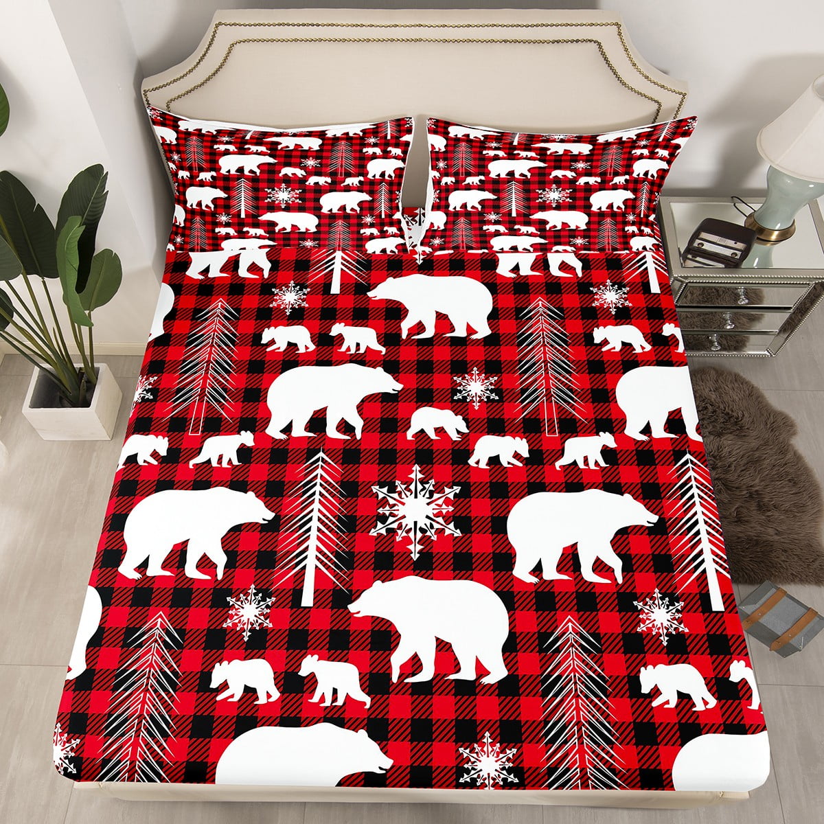 Rustic Bear Deer Fitted Sheet Family Christmas Tree Snowflake Bed ...