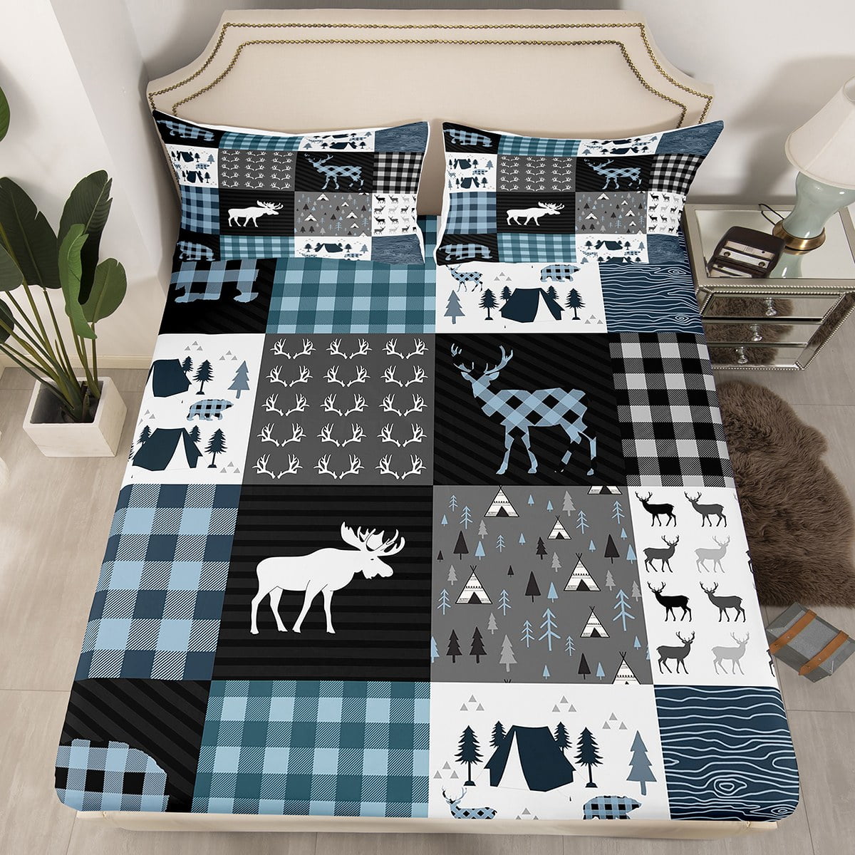 Rustic Bear Deer Fitted Sheet Queen,Country Cabin Bed Sheets Teens Blue ...