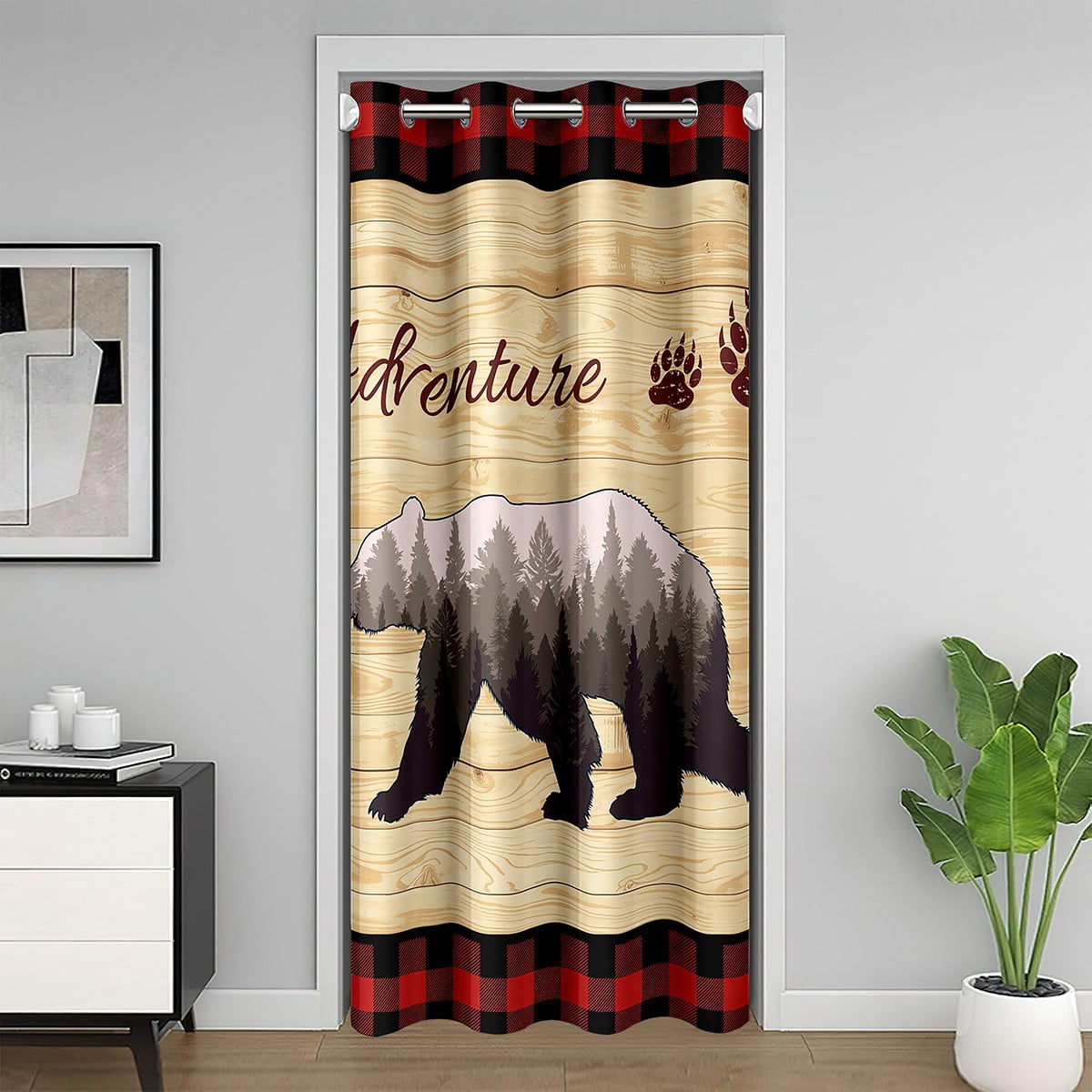 Rustic Bear Door Drape 34"W X 80"L,Wild Animal Hunt Door Curtain For ...