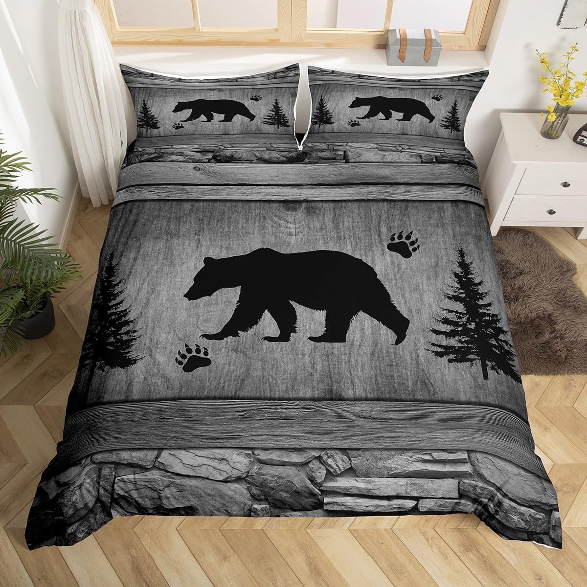 Rustic Bear Duvet Cover Set King Size, Black Trees Deer Paw Print Comforter Cover with 2 ...