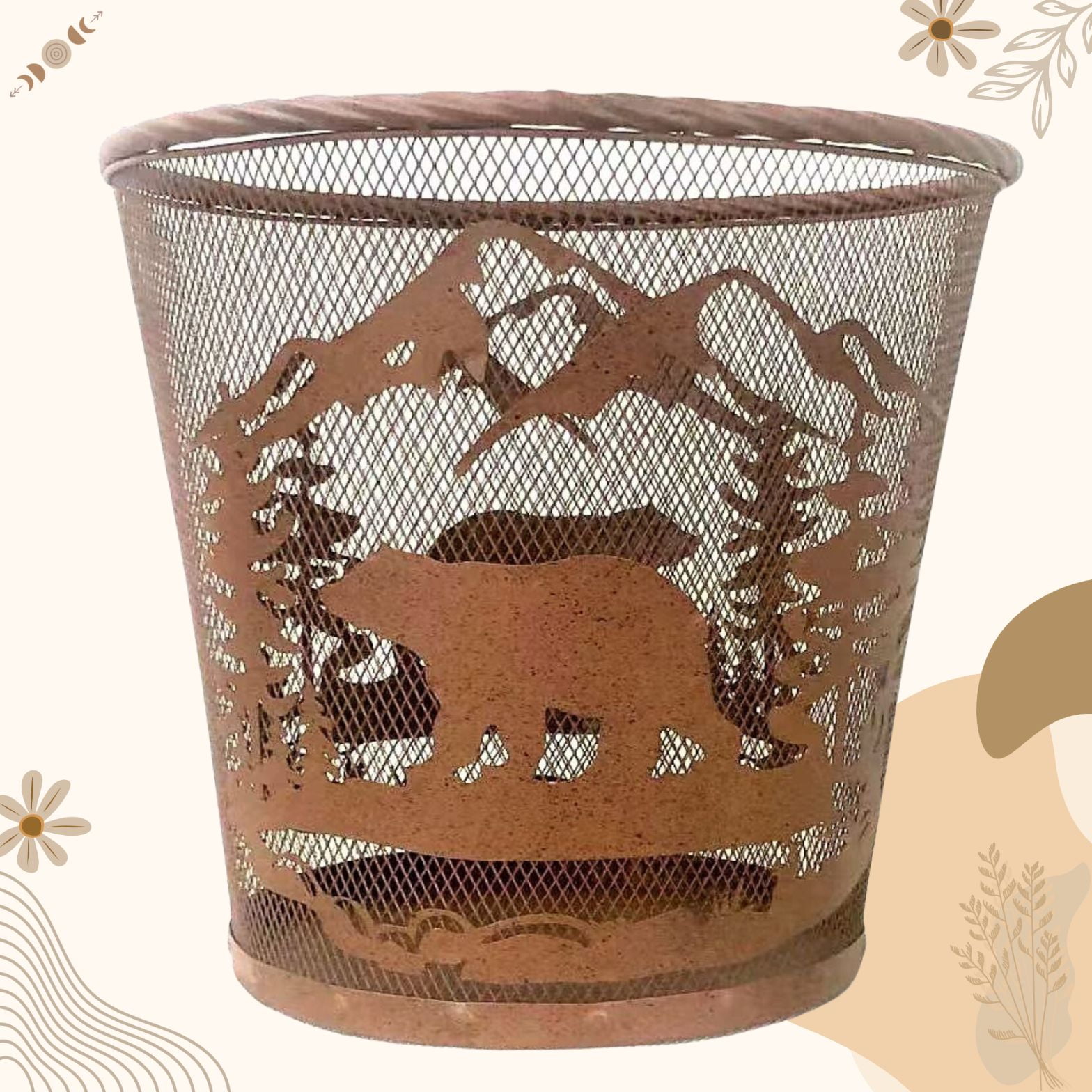 Rustic Bear Forest Mountain Metal Waste Basket, Bathroom Garbage Trash ...