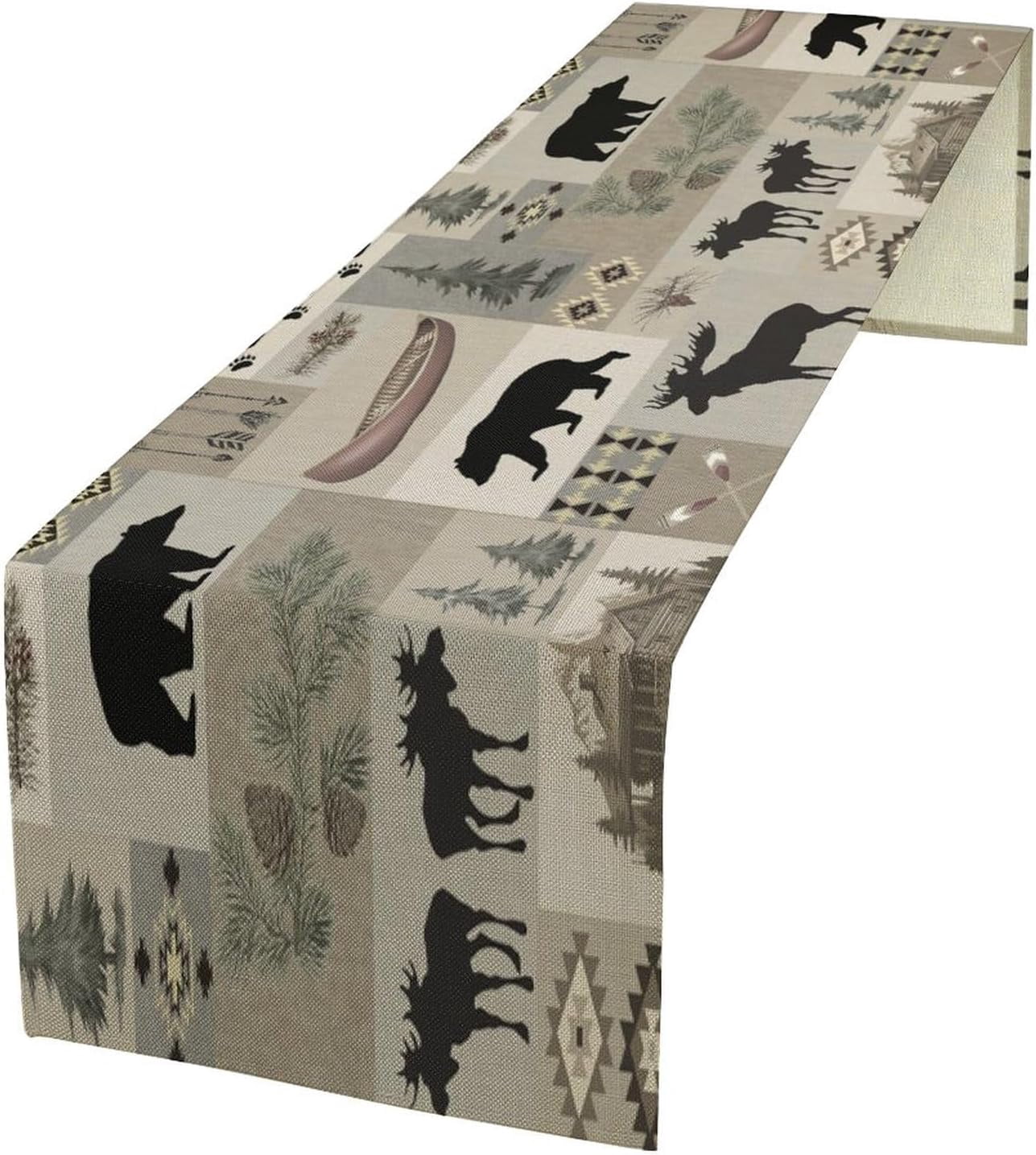 Rustic Bear Moose Deer Table Runner, Retro Pine Tree Cabin Country ...