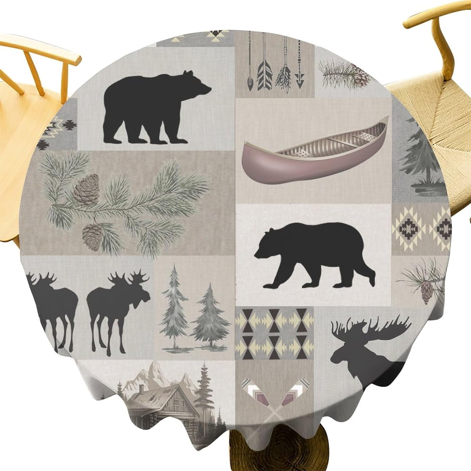 Rustic Bear Moose Deer Tablecloth, Retro Pine Tree Cabin Country Lodge ...