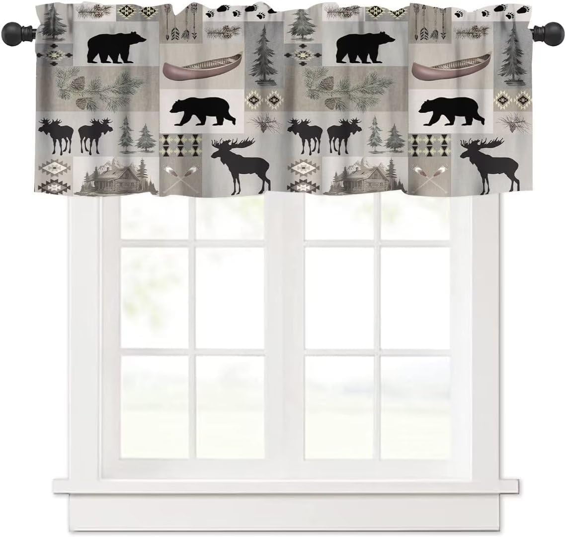 Rustic Bear Moose Deer Window Valance Curtain, Retro Pine Tree Cabin ...