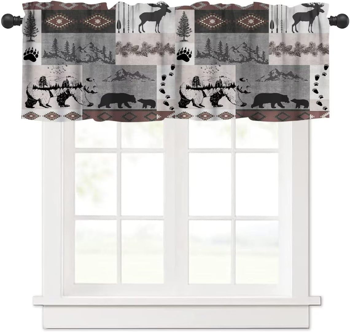 Rustic Bear Moose Deer Window Valance Curtain, Retro Pine Tree Cabin ...