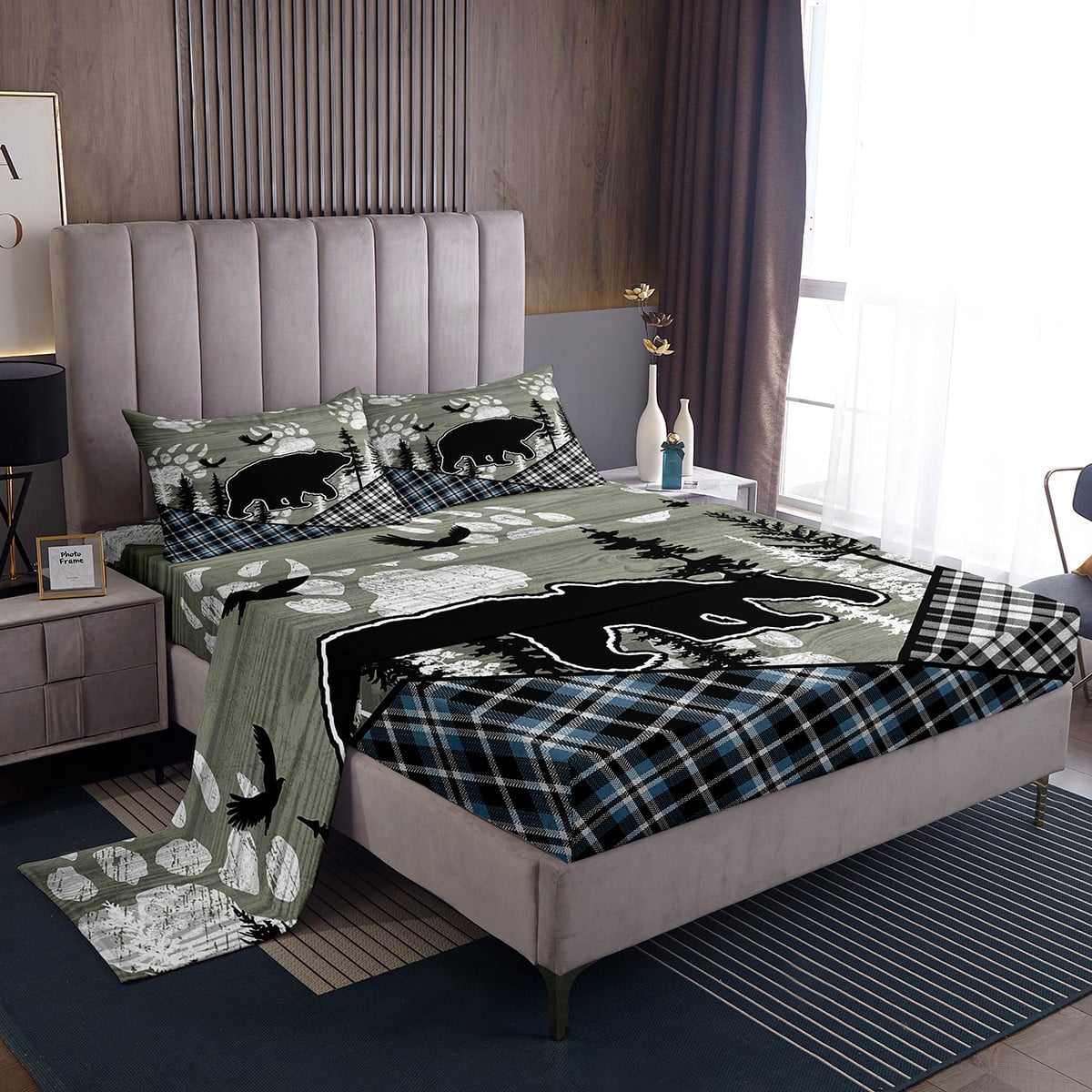 Rustic Bear Sheet Set Checkered Buffalo Plaid Sheets for Kids Teens ...