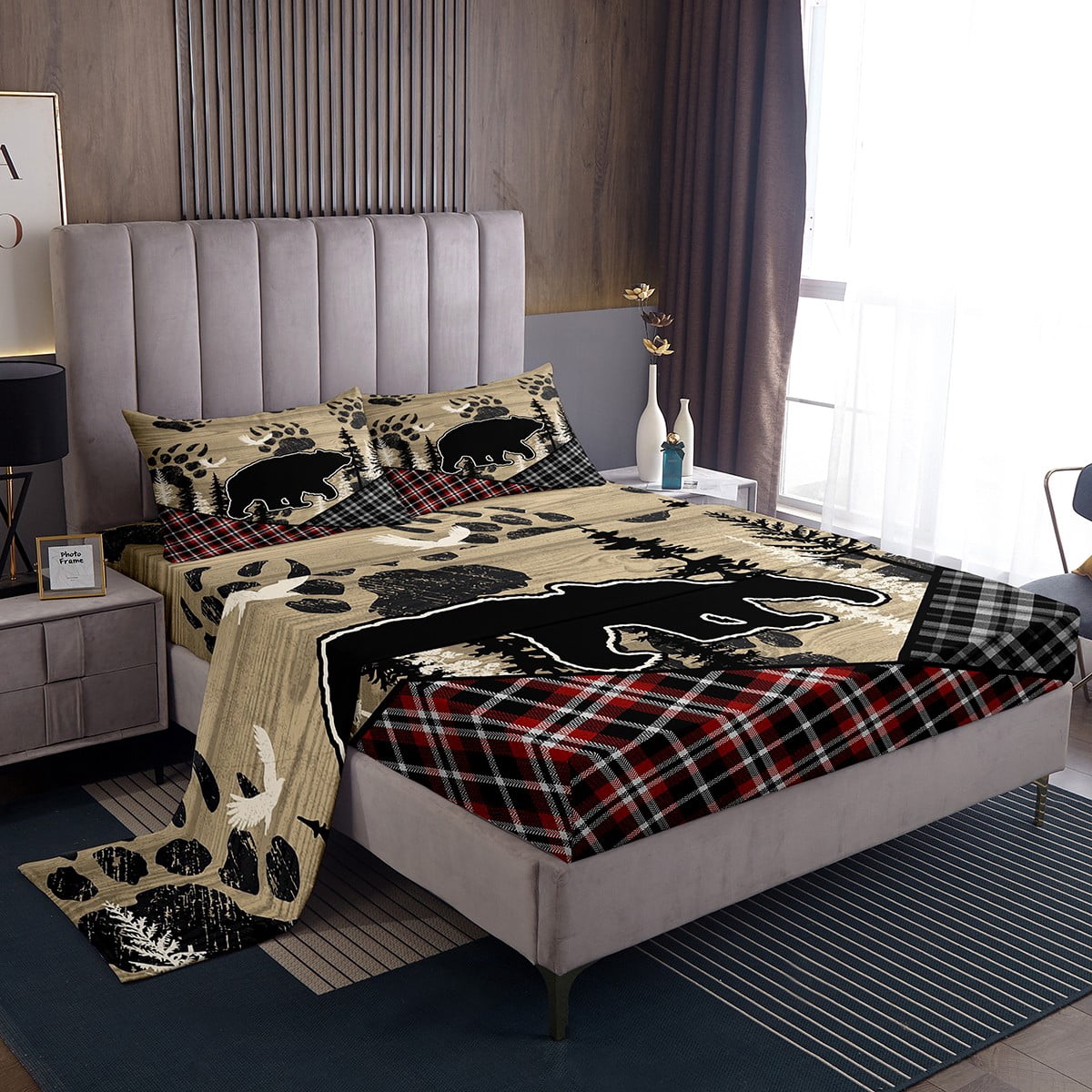 Rustic Bear Sheet Set Checkered Buffalo Plaid Sheets Teens Adult ...