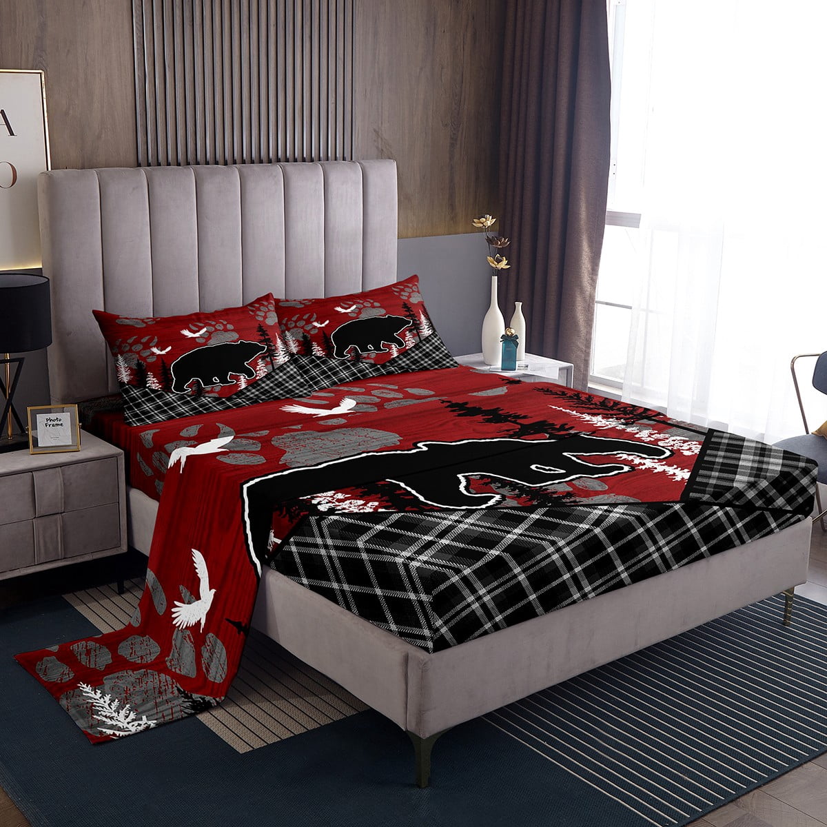 Rustic Bear Sheet Set Checkered Buffalo Plaid Sheets Teens Adult ...