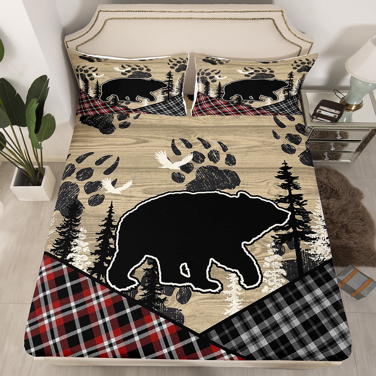 Rustic Bear Sheets Woodland Animals Patchwork Fitted Sheet Queen for ...