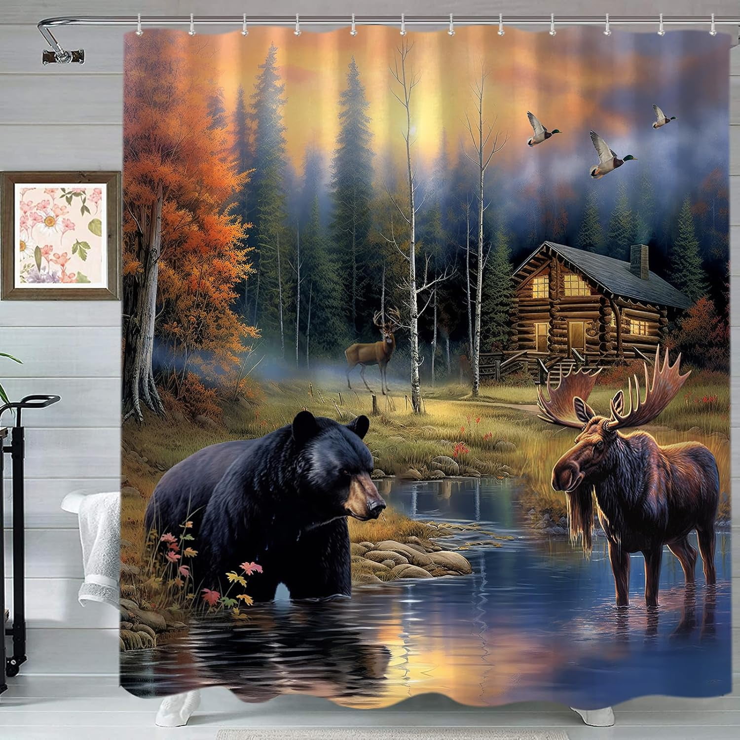 Rustic Bear Shower Curtain, Country Moose Deer Cabin Fabric Shower ...