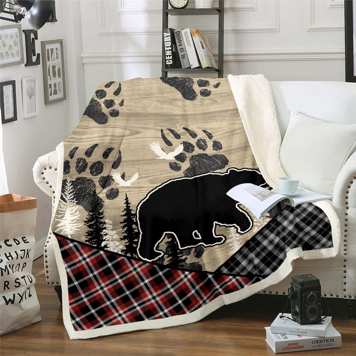 Rustic Bear Throw Blanket Checkered Buffalo Plaid Fleece Blanket Teens ...