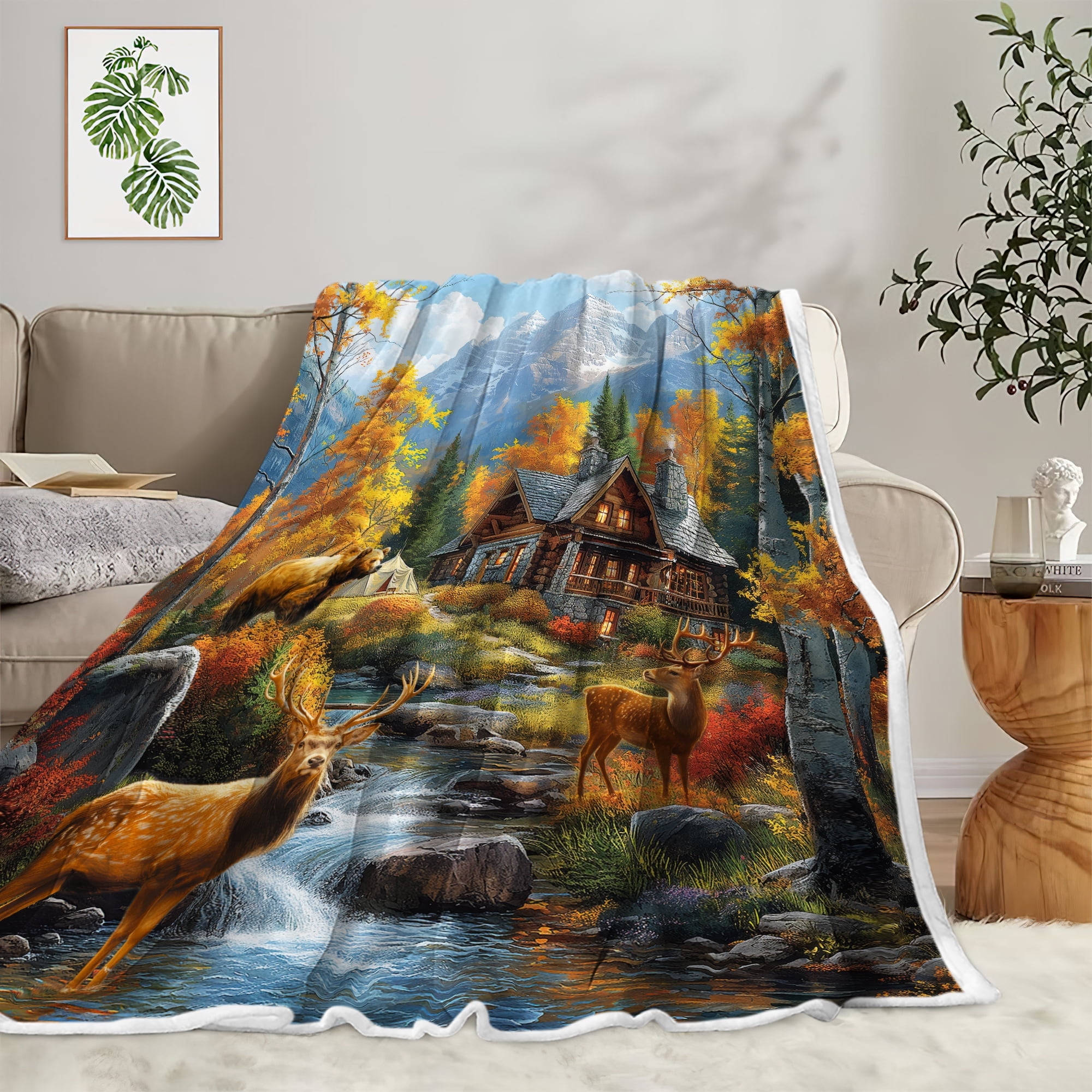 Rustic Bear Throw Blanket, Fall Forest Cabin Lake Elk Birch Trees Wild ...
