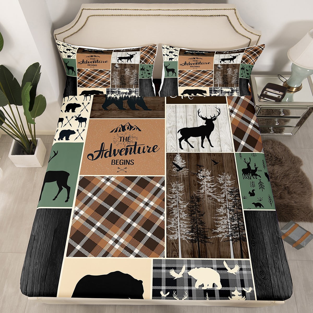 Rustic Bear Twin Bed Sheets , Country Deer Fitted Sheet Retro Cabin ...