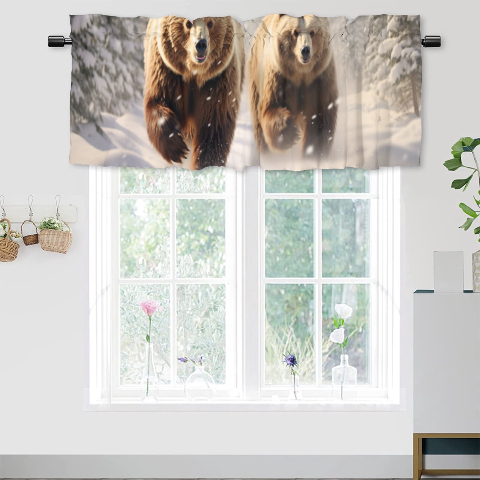 Rustic Bear Valance Curtain Winter Farmhouse Snow Forest Country Energy ...