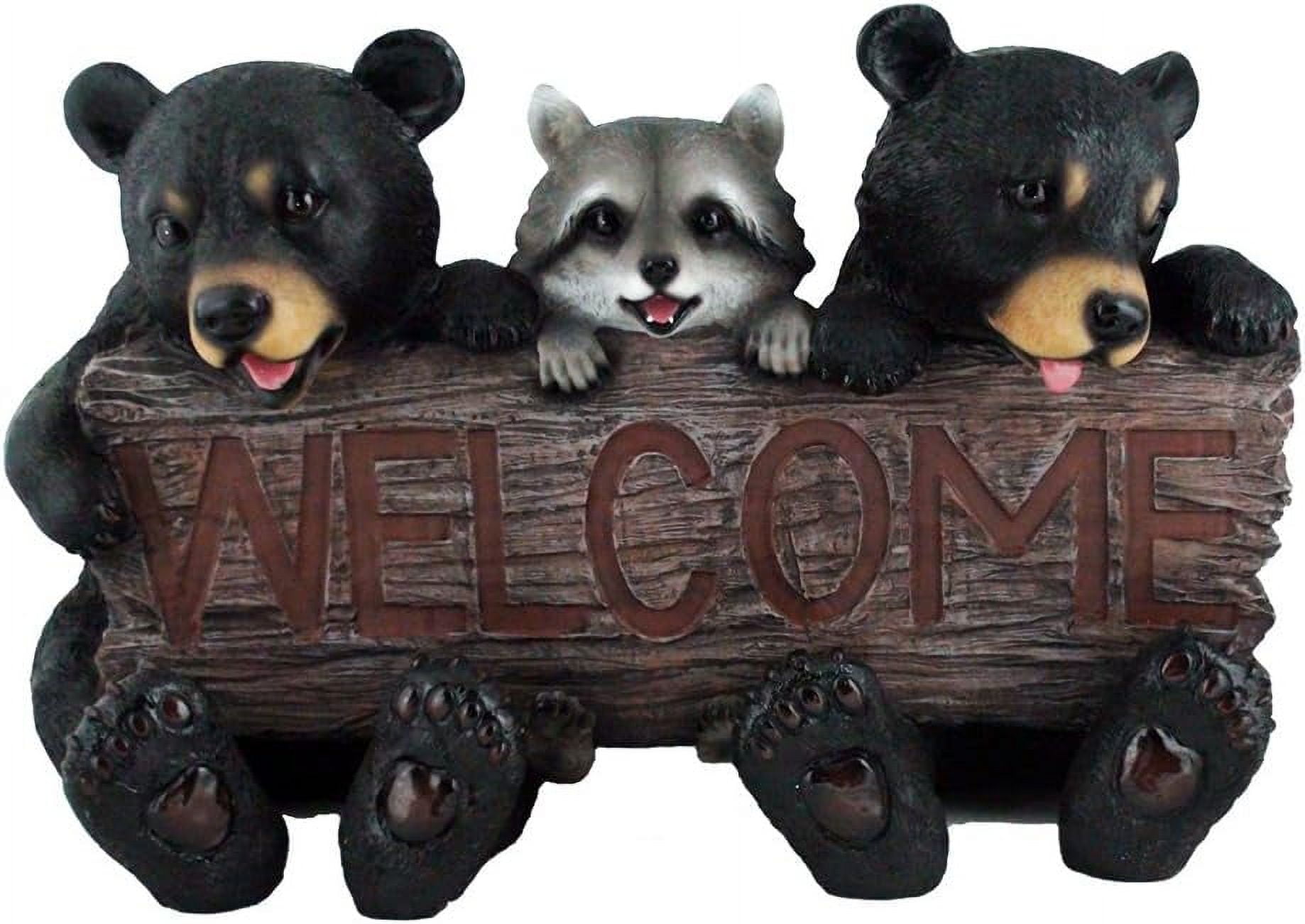 Rustic Bears and Raccoon Statue Holding an Outdoor Faux Wood Welcome ...