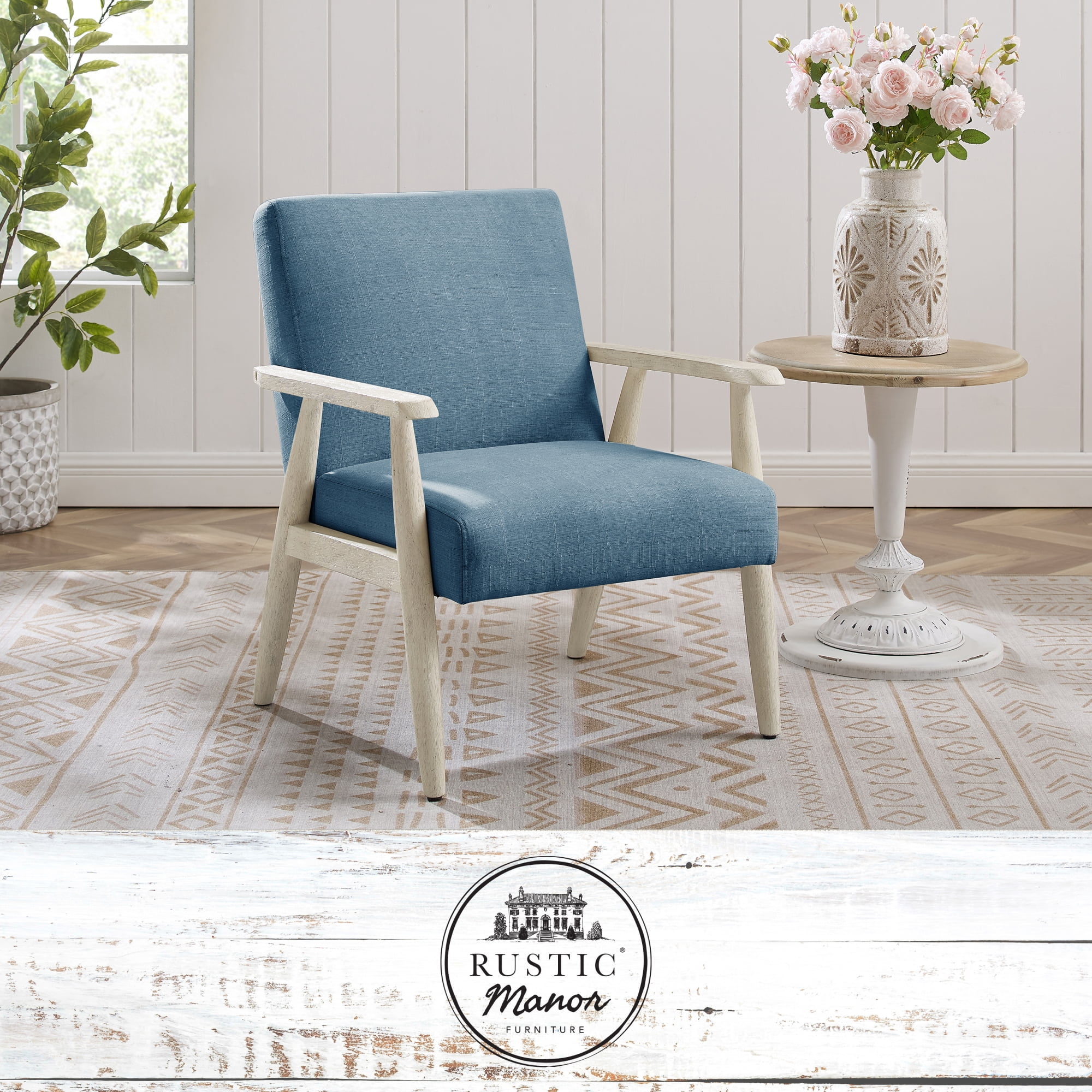 Rustic Beck Upholstered Linen Armchair w/ Square Arms and Cream White ...