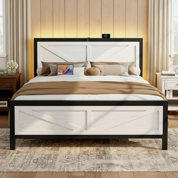 Full Size Platform Bed Frame with Rustic Vintage Wood Headboard, Strong ...