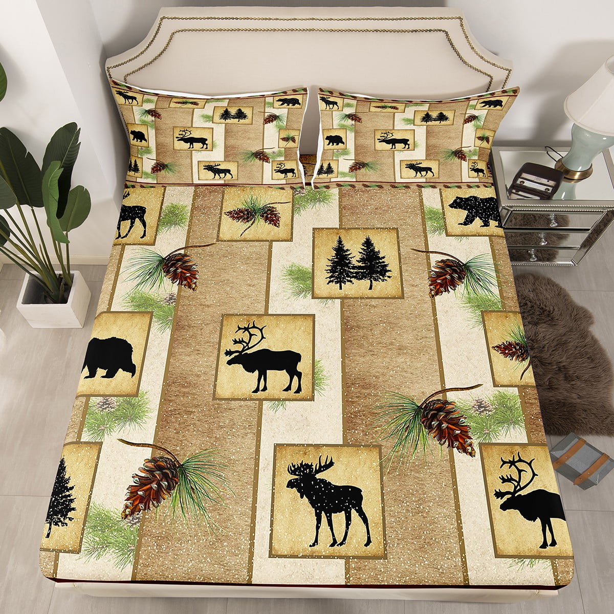Rustic Bed Sheets Bear Moose Elk Deer Hunting Bedding Set Pine Tree ...