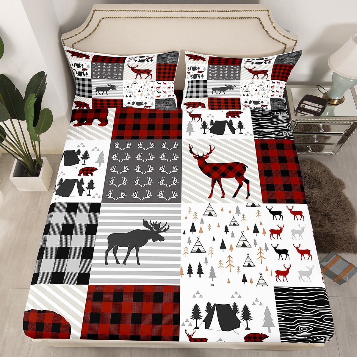 Rustic Bed Sheets Country Cabin Fitted Sheet for Teens Adult Kids Red ...