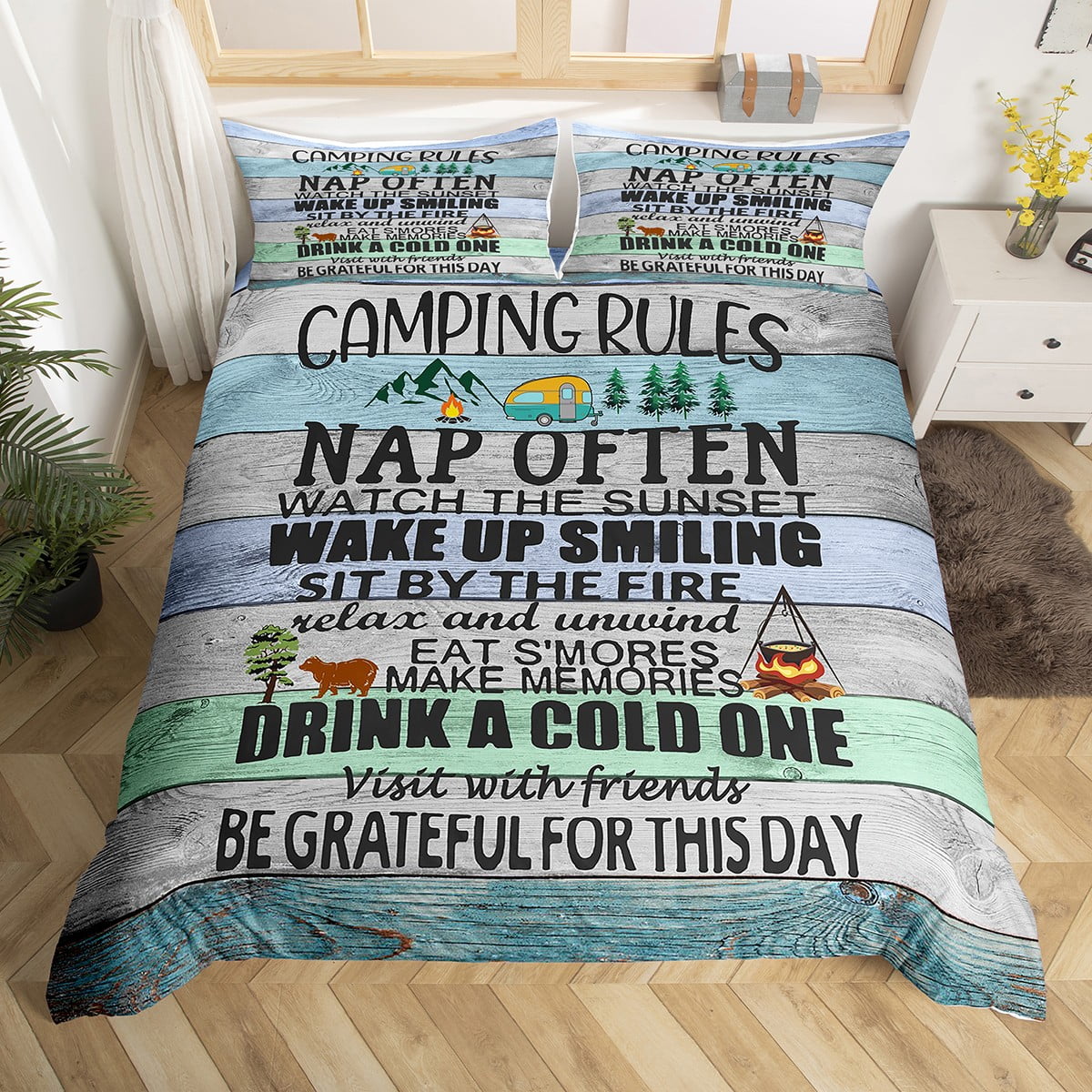Rustic Bedding Set Happy Camping Duvet Cover for Family Camper Themed ...