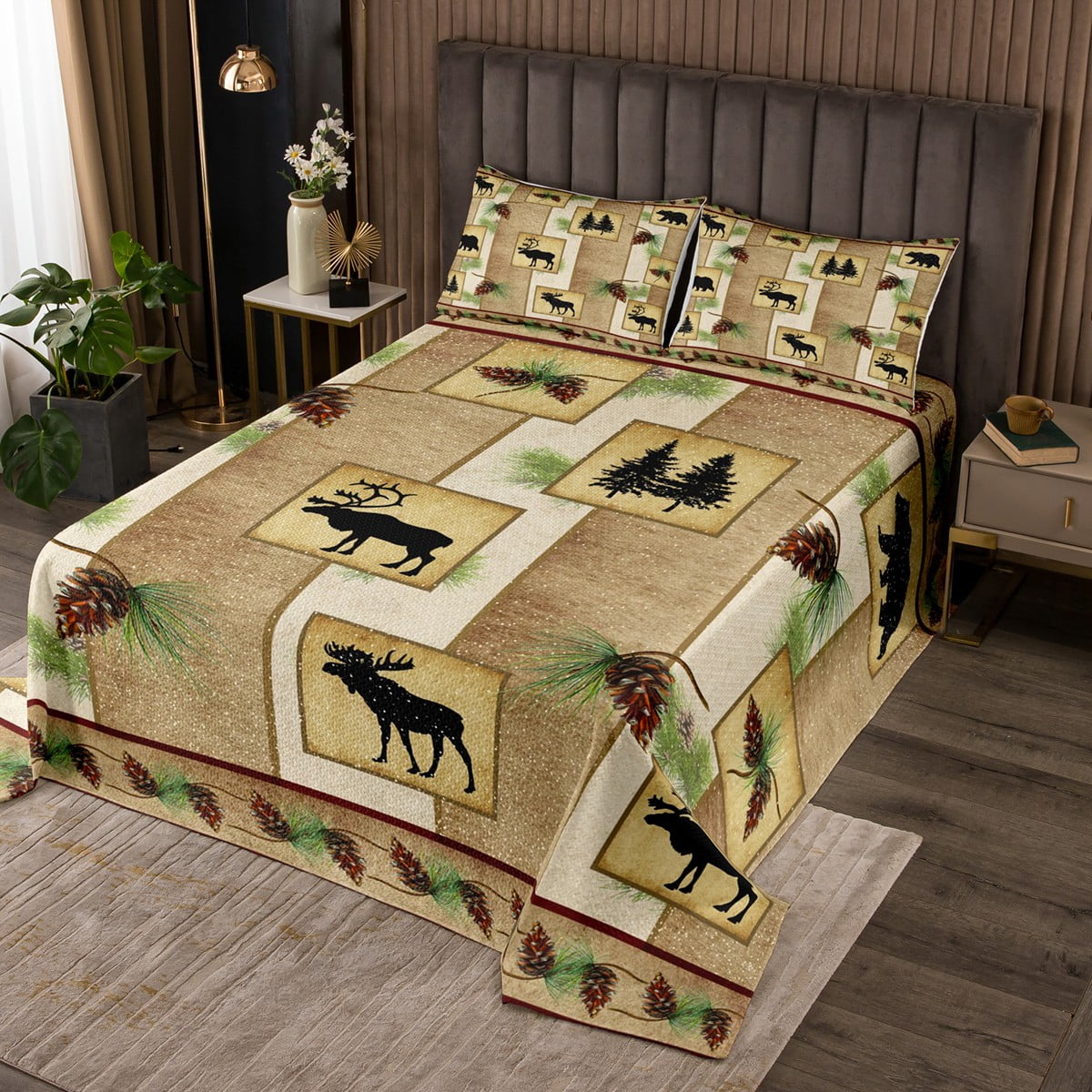 Rustic Bedspread Set Bear Moose Elk Deer Hunting Coverlet Set Pine Tree ...