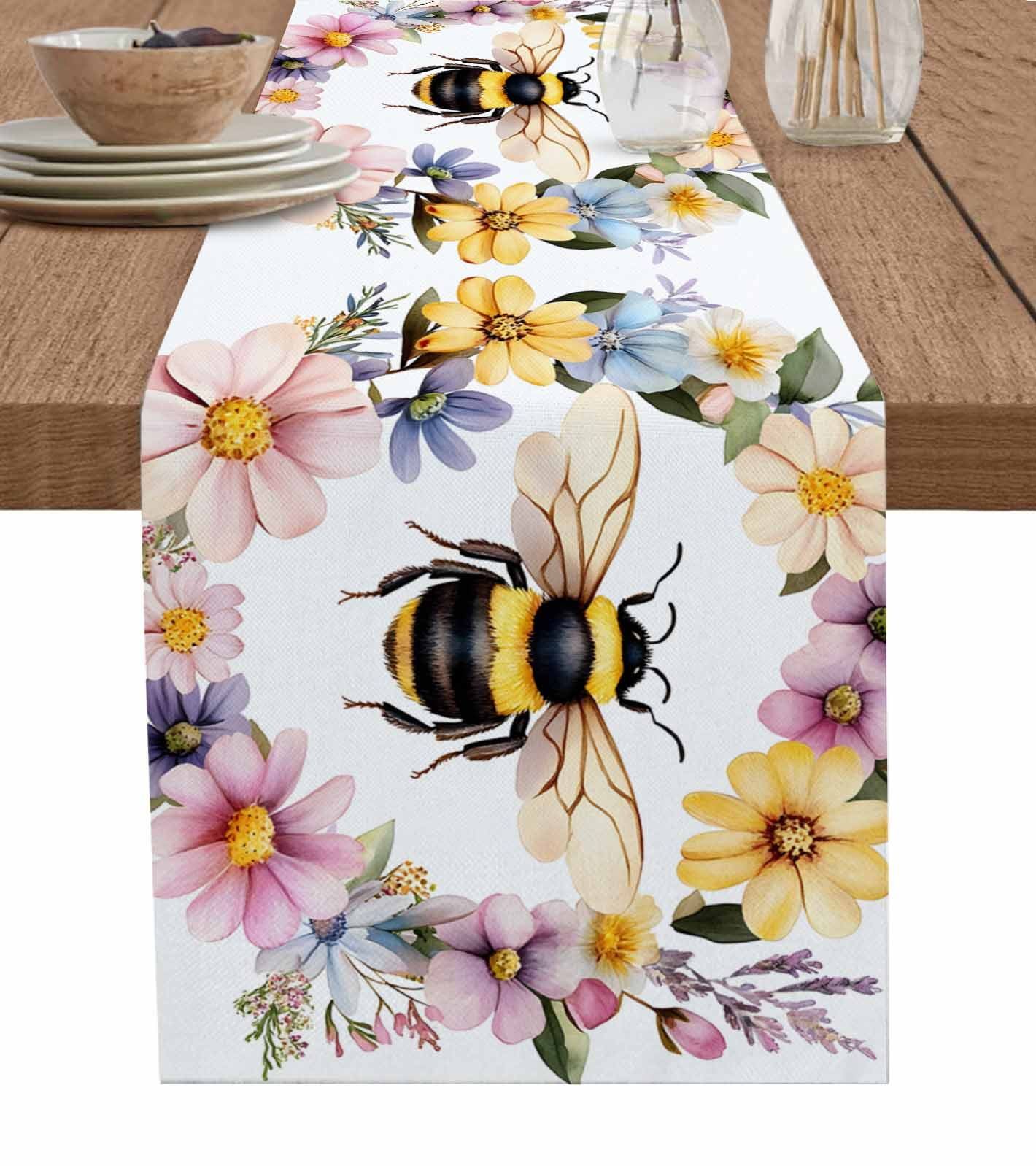 Rustic Bee Garland Table Runner 60 Inches, Spring Watercolor Flowers ...