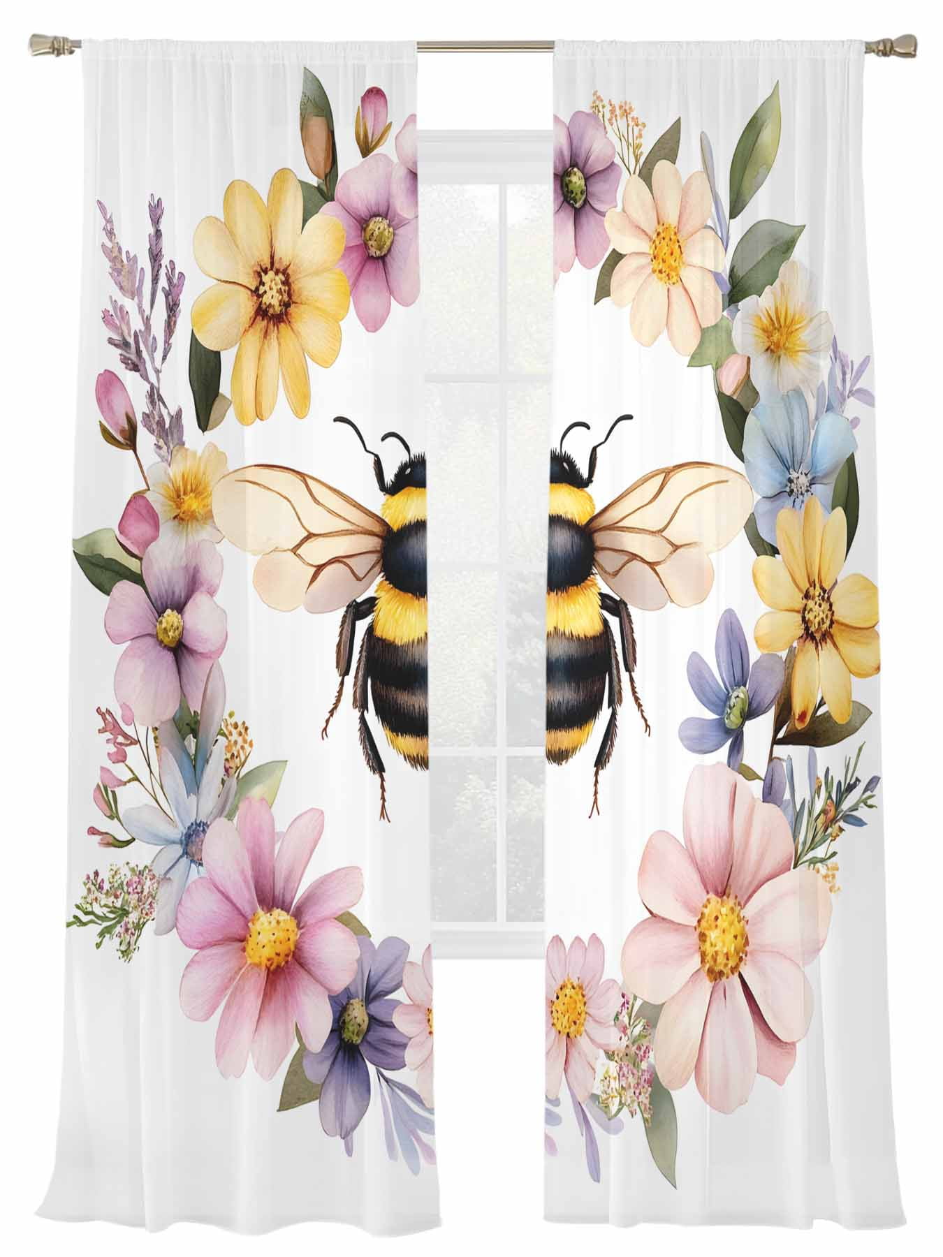 Rustic Bee Wreath Sheer Curtains 2 Panels Set Spring Pink Yellow Floral ...