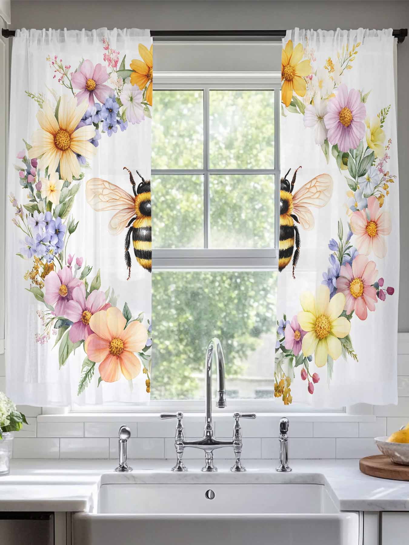 Rustic Bee Wreath Sheer Curtains for Living Room Bedroom Spring ...