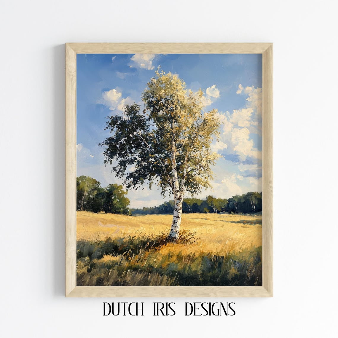 Rustic Birch Tree Meadow, Earthy Summer Landscape Art, Sunlit Field ...