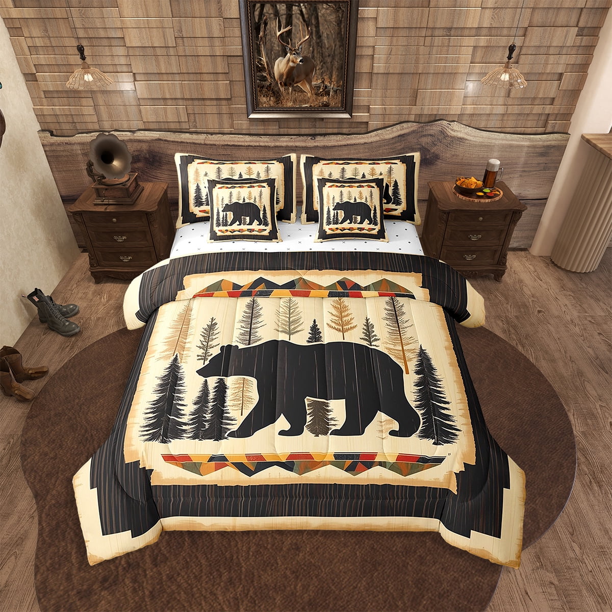 Rustic Black Bear Bedding Set,Hunting Animal Bed In A Bag With Sheets Wildlife Farmhouse Cabin ...