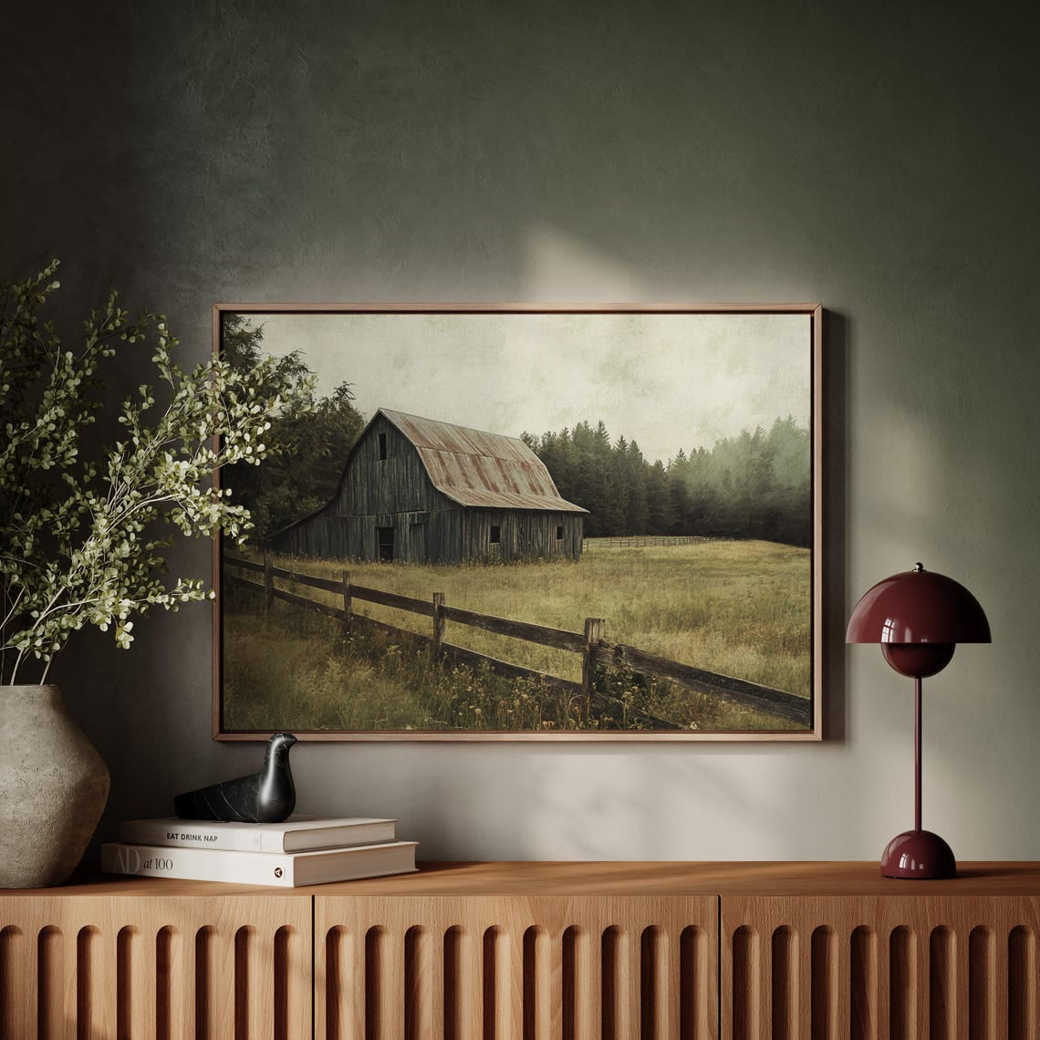 Rustic Blue Barn In Countryside Meadow Vintage Rural Landscape Art ...