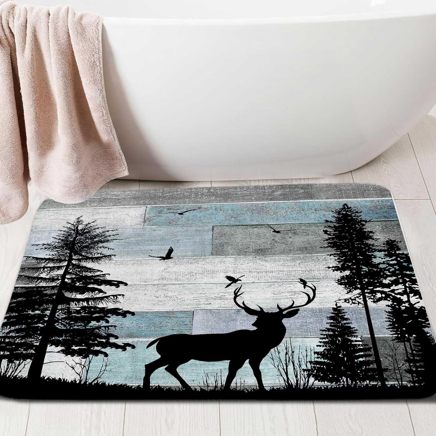 Rustic Blue Bath Rugs for Bathroom, Vintage Farmhouse Animal Deer ...