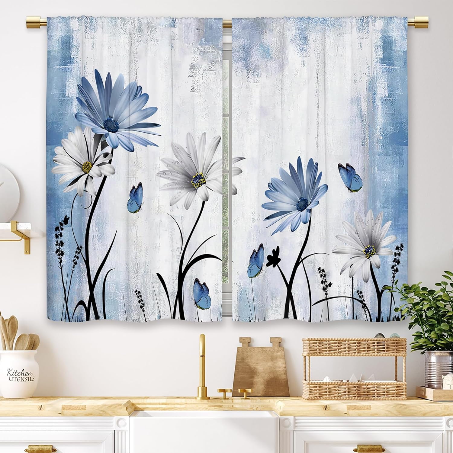 Rustic Blue Daisy Floral Kitchen Curtains Farmhouse Flower Small Short ...