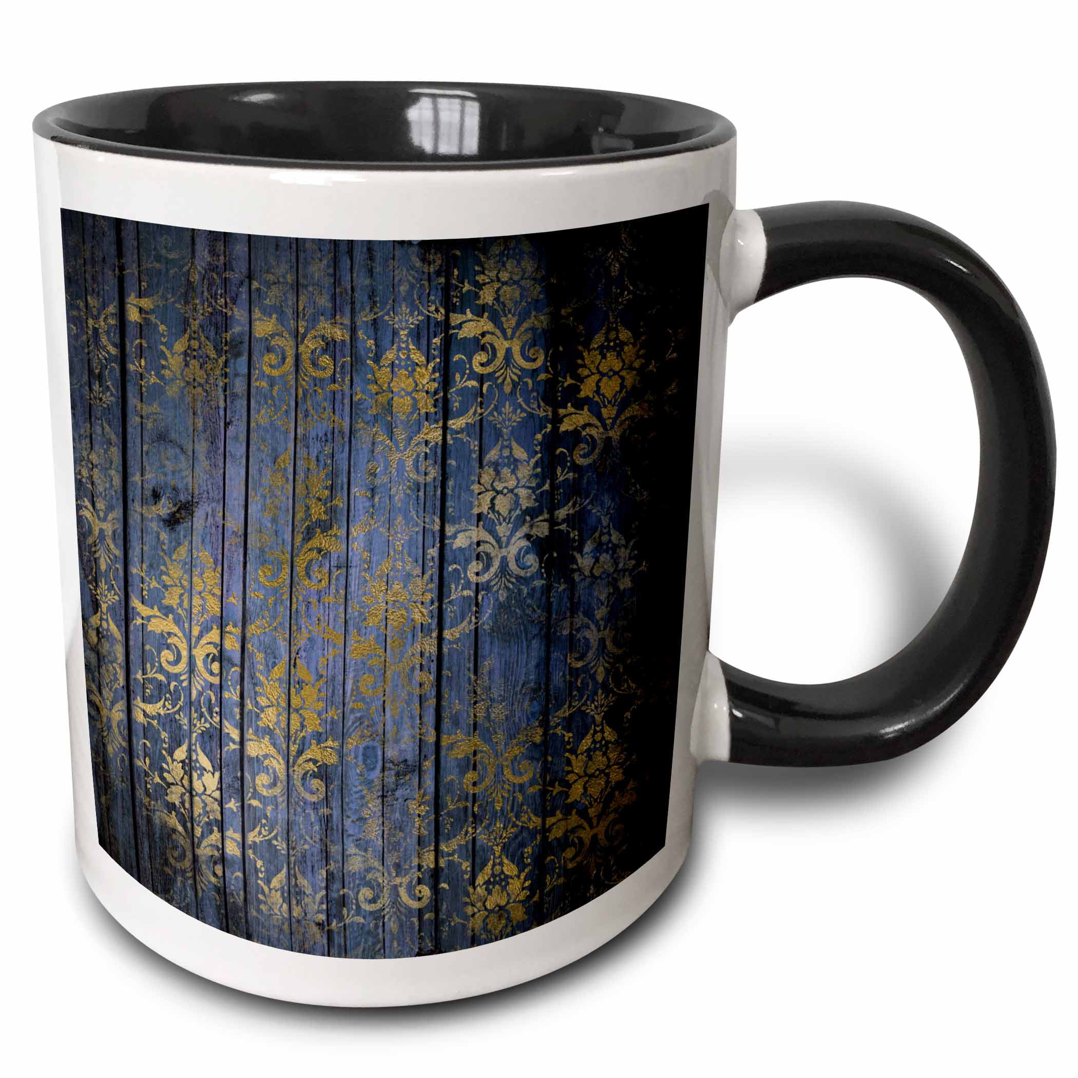 3drose, Rustic Blue Faux Printed Wood with a Faux Gold Damask Overlay ...