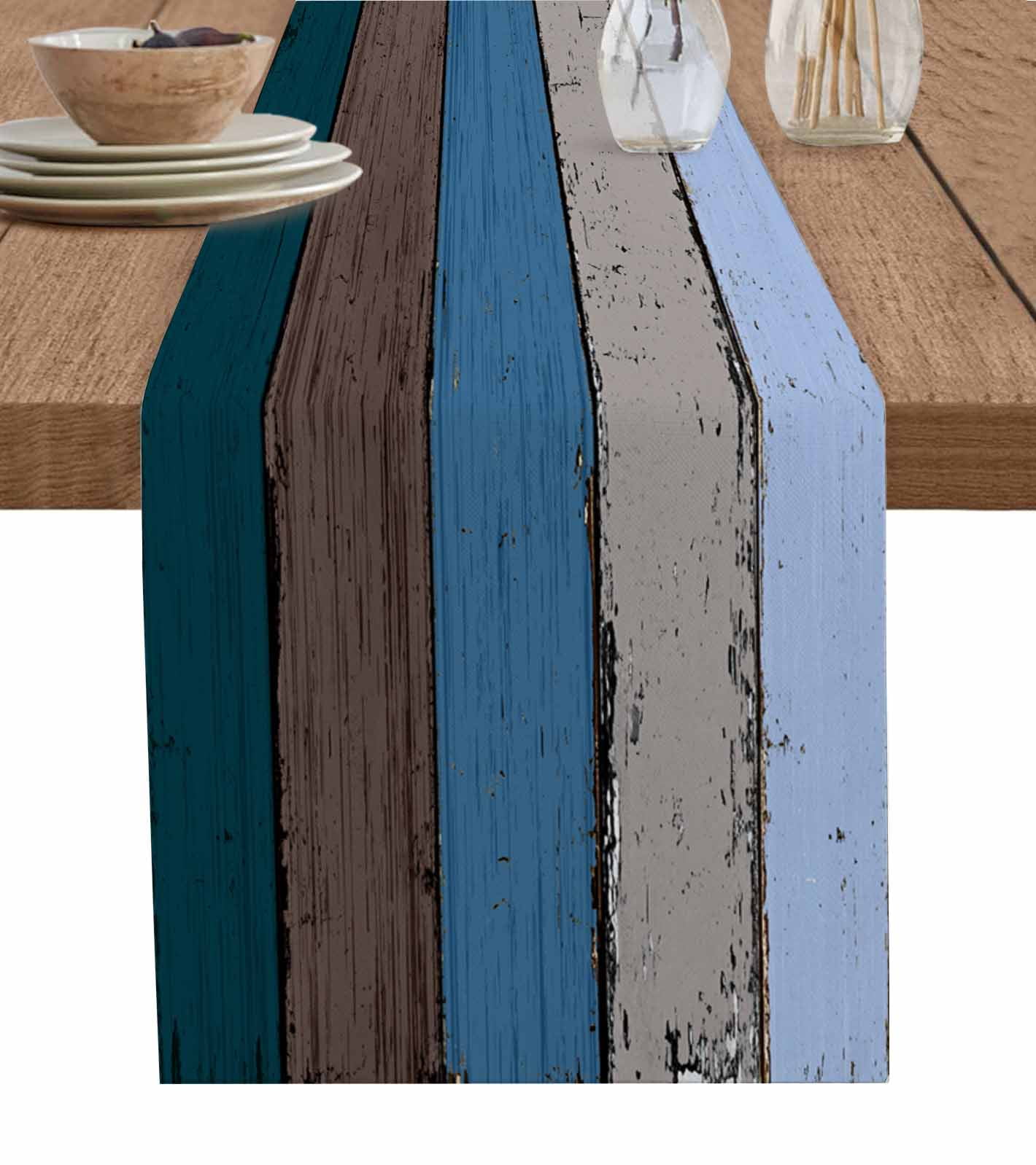 Rustic Blue Wood Short Table Runners 48 Inches, Cotton Linen Fabric ...