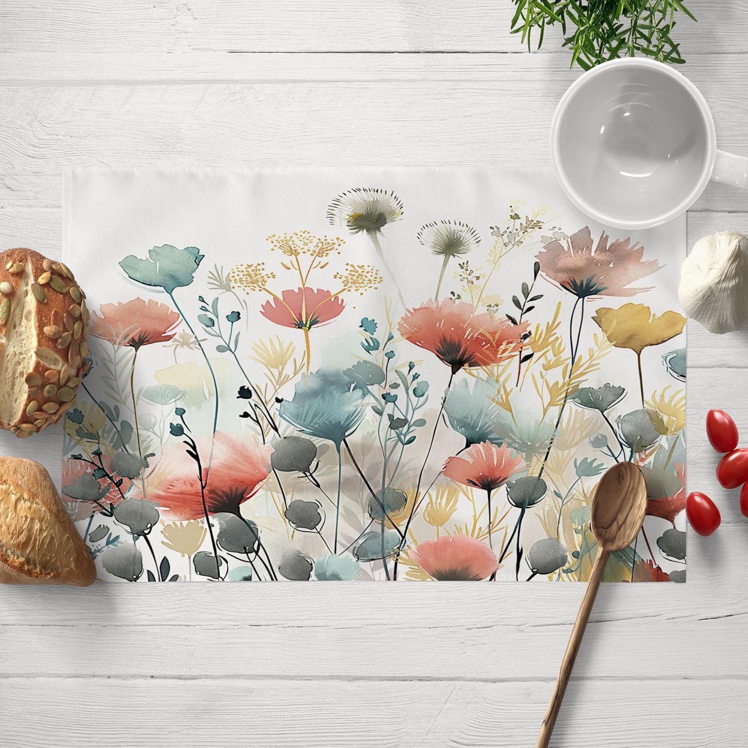 Rustic Boho Floral Placemats, Bright Colorful Watercolor Flower ...