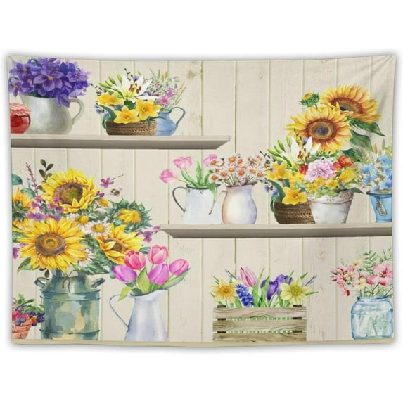 Rustic Boho Floral Wood Plank Tapestry 30 x 40 In Multi-Color Floral ...