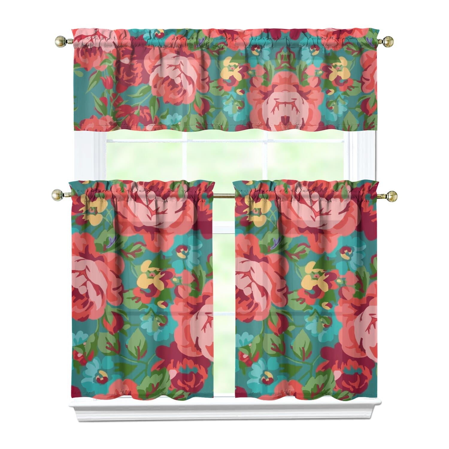 Rustic Boho Kitchen Curtains 36 Inch - 3 Panel Vintage Floral Set with ...