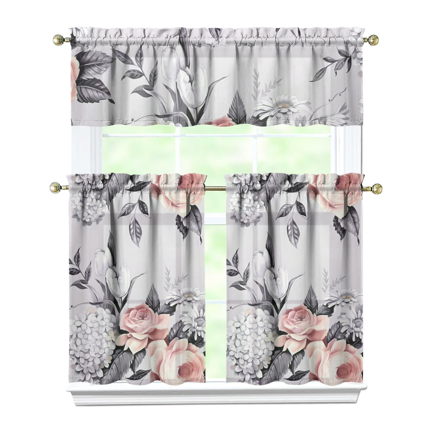 Rustic Boho Kitchen Curtains 36 Inch Short - 3 Panel Vintage Floral Set ...