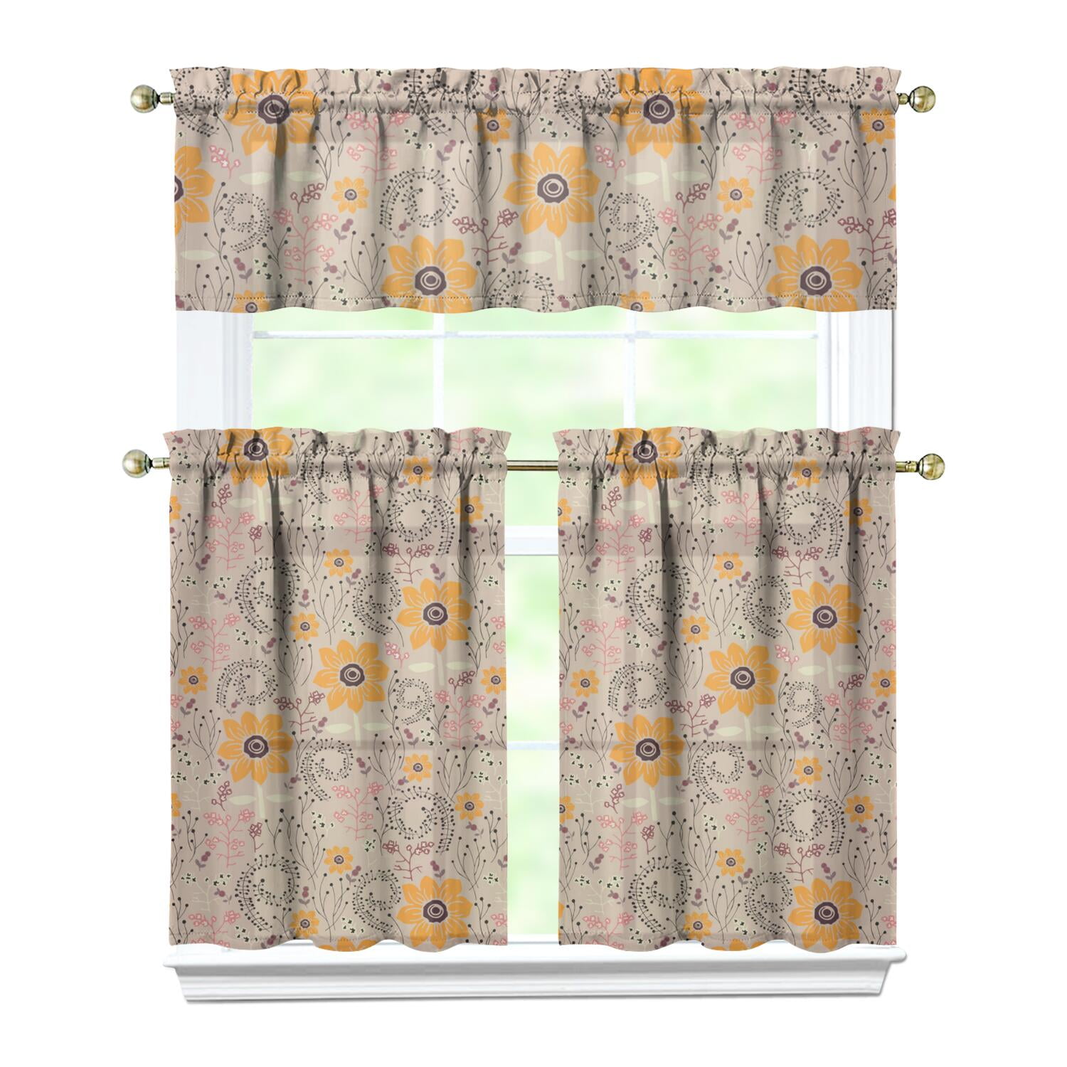 Rustic Boho Kitchen Curtains 36 Inch Short - 3 Panel Vintage Floral Set ...