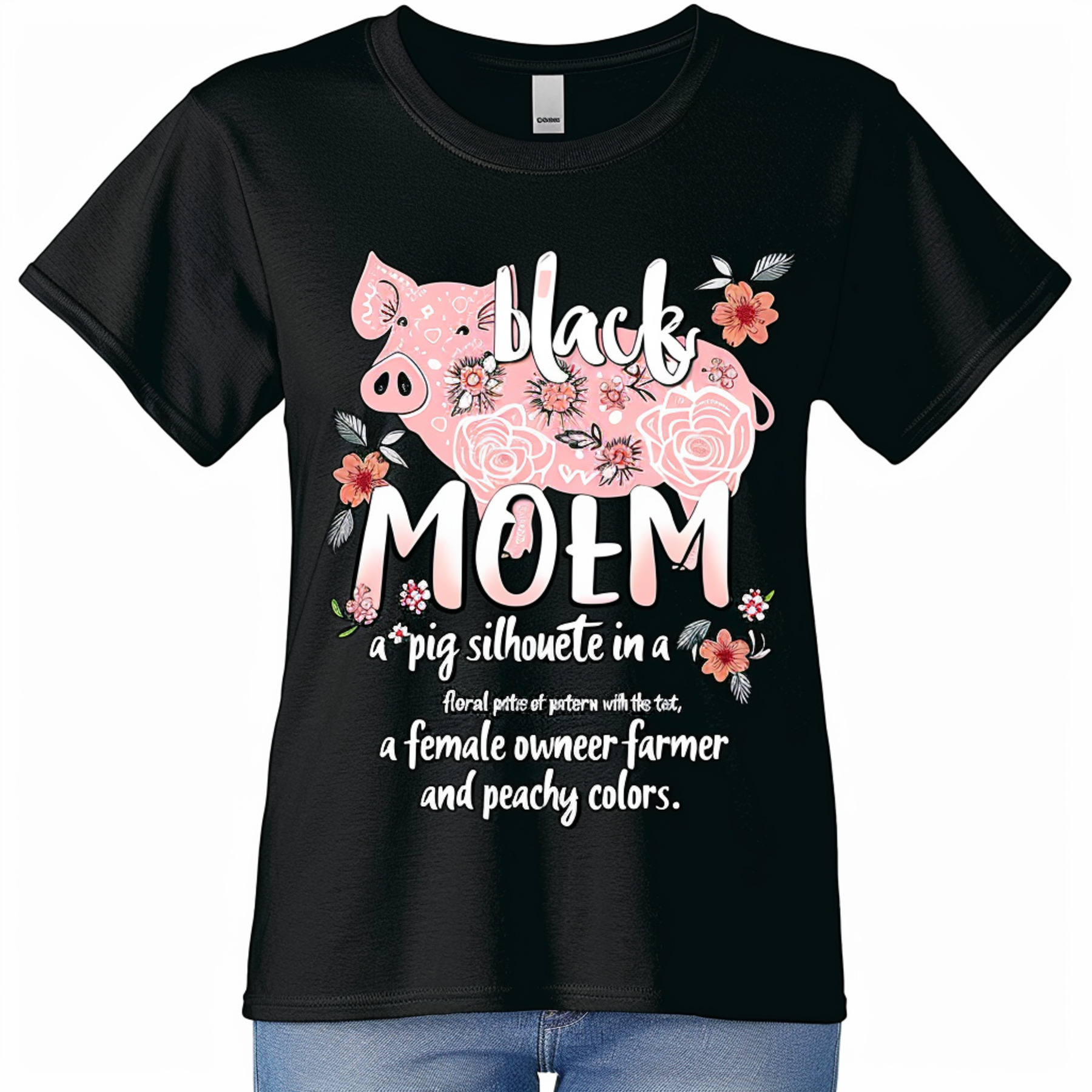 Rustic Boho Pig Silhouette Floral Design Black TShirt for Female Farmer ...
