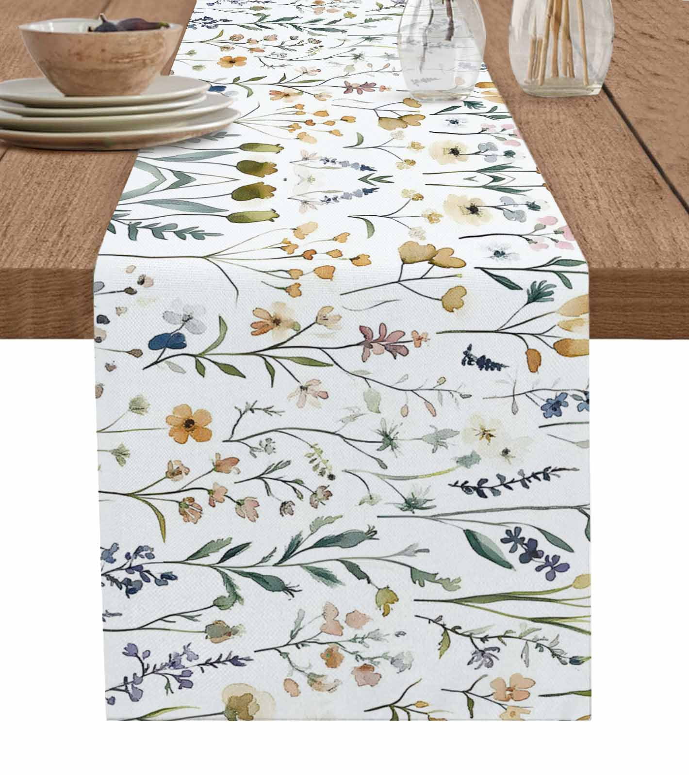 Rustic Botanical Leaves Table Runner 72 Inches, Spring Wildflowers ...