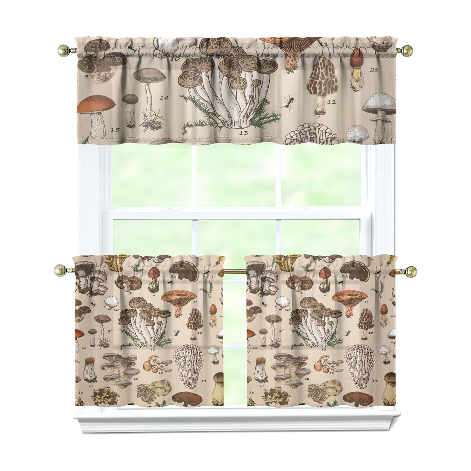 Rustic Botanical Mushroom Curtains 3pcs 27.5x24in, Polyester Kitchen ...