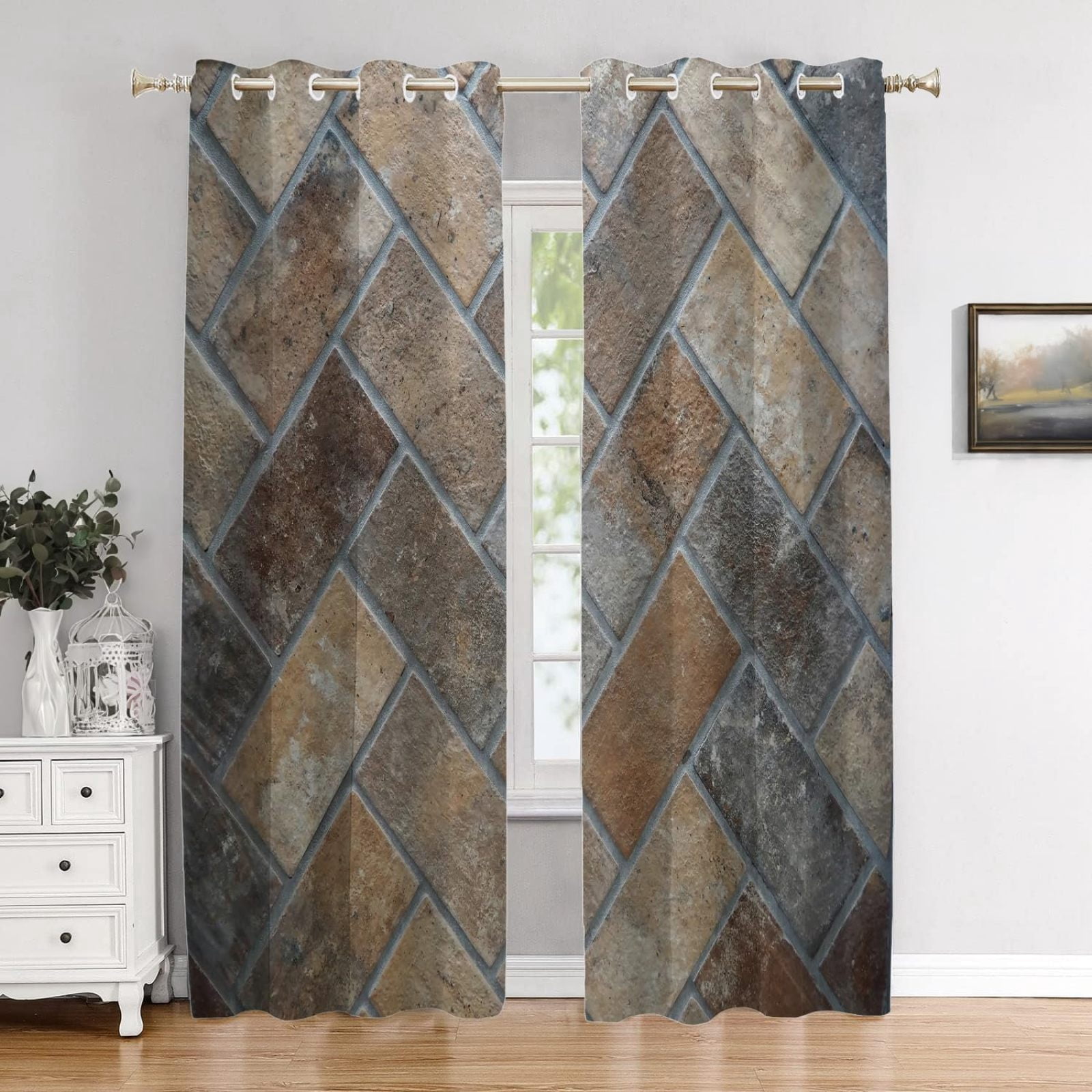 Rustic Brick Bedroom Curtains, Terracotta Vintage Tiles Design Blackout ...