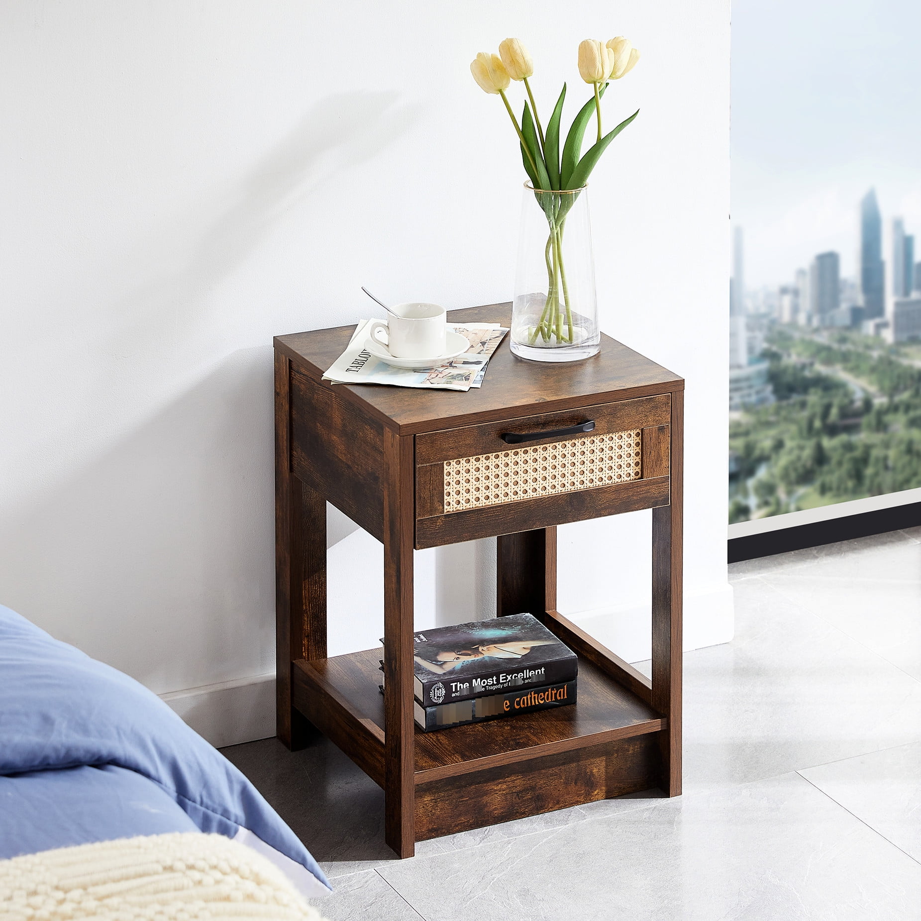 Rustic Brown 16.19" End Table, Multi-functional Nightstand For Living ...