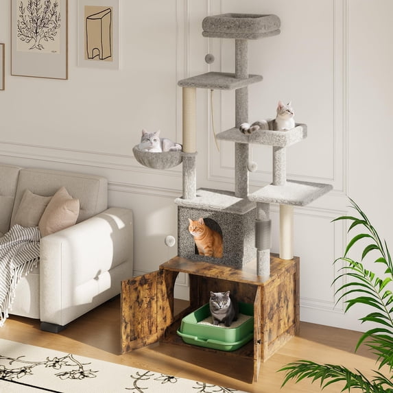 Rustic Brown 2-in-1 Cat Tree & Litter Box Enclosure - Walmart.com