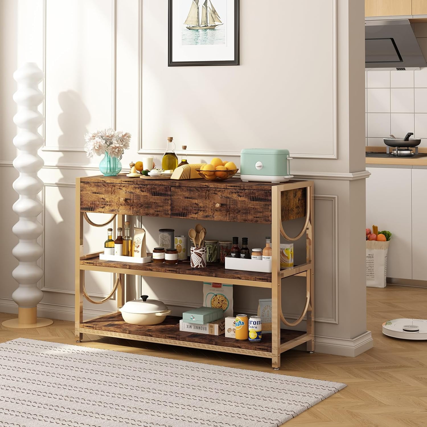 Rustic Brown 31.9" Console Table with Drawers, Industrial Style Sofa ...