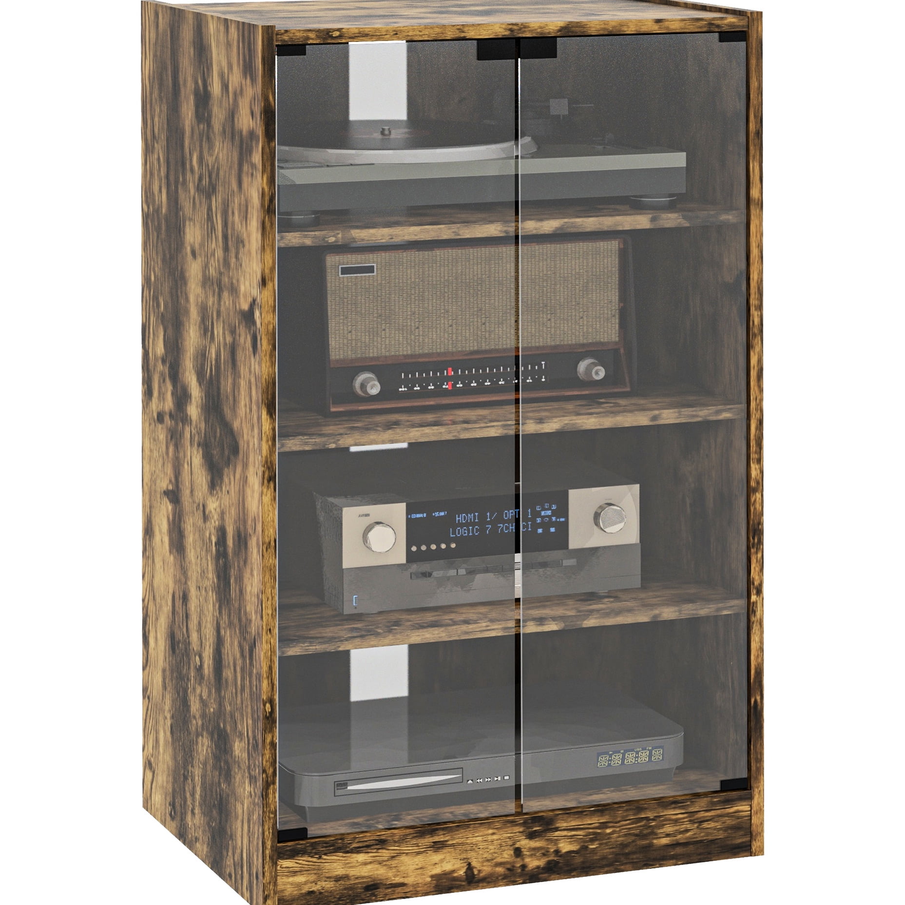 Rustic Brown 4 Media Console - Adjustable Shelves & Tempered Glass ...